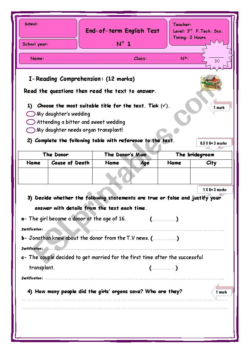 End-of-term English Test N° 1 3rd form - ESL worksheet by fatma tababi