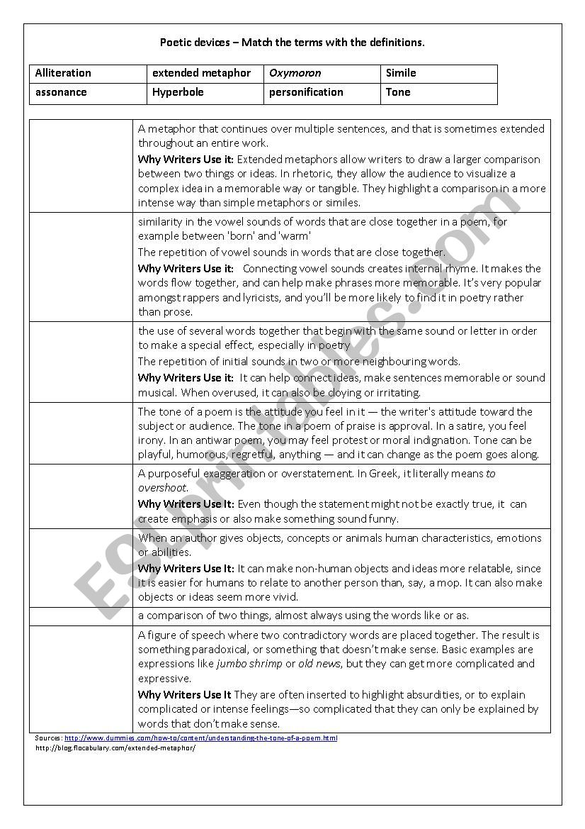 Poetic devices – Match the terms with the definitions. - ESL worksheet ...