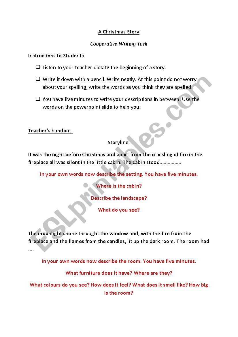Teacher´s Handout. Cooperative Writing. Christmas Story - ESL worksheet ...