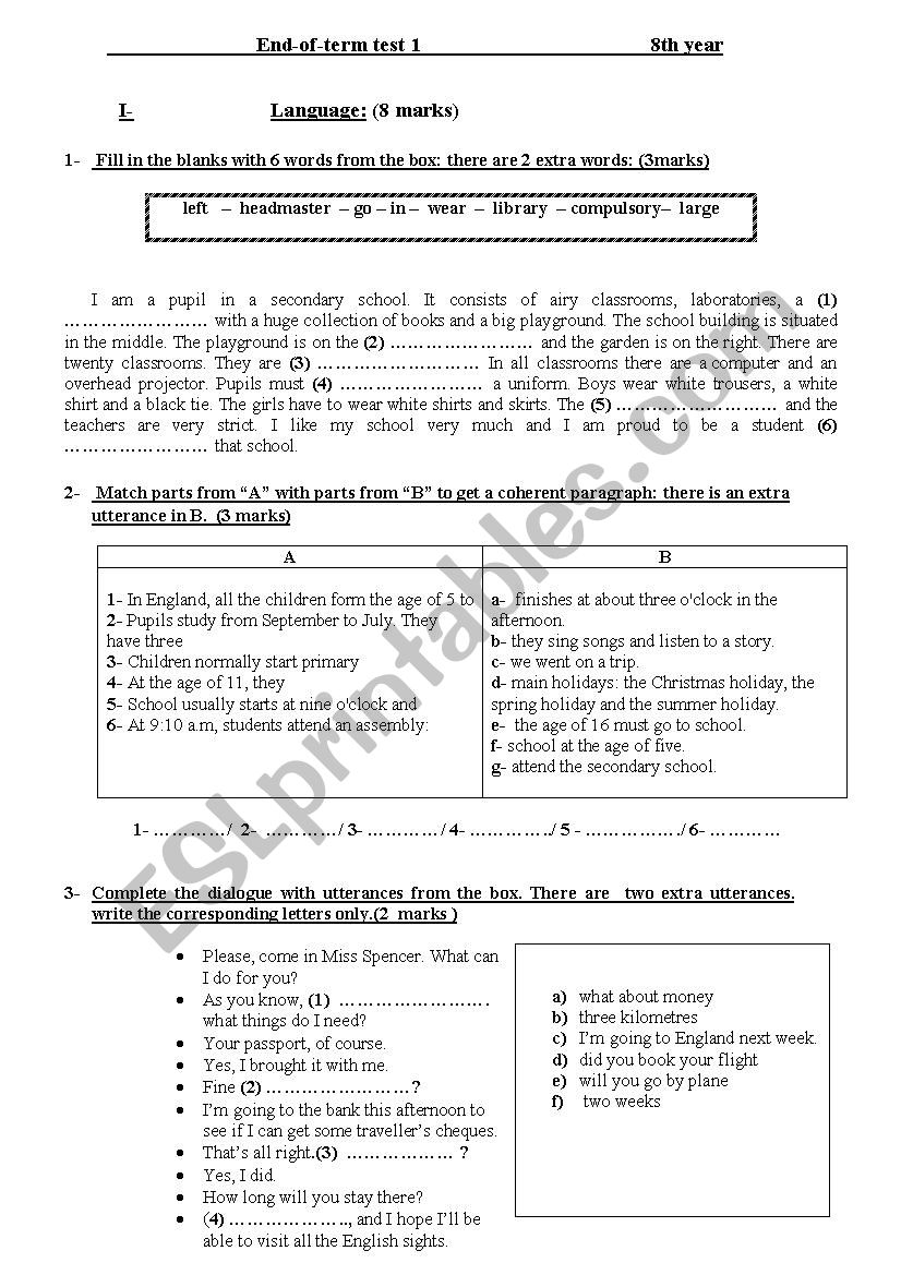 End of term Test 1 8th Year ESL Worksheet By Khamous End of term Test 1 8th Year ESL Worksheet By Khamous