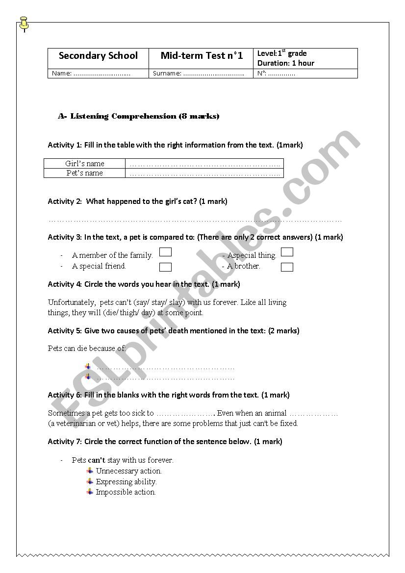 mid-term test n°1 (first form) - ESL worksheet by Sarette