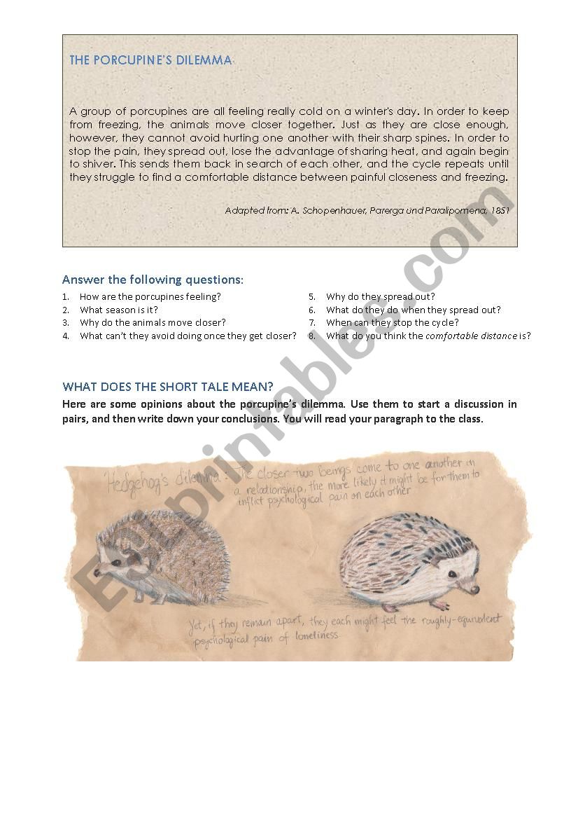 The porcupine´s dilemma - ESL worksheet by brunella