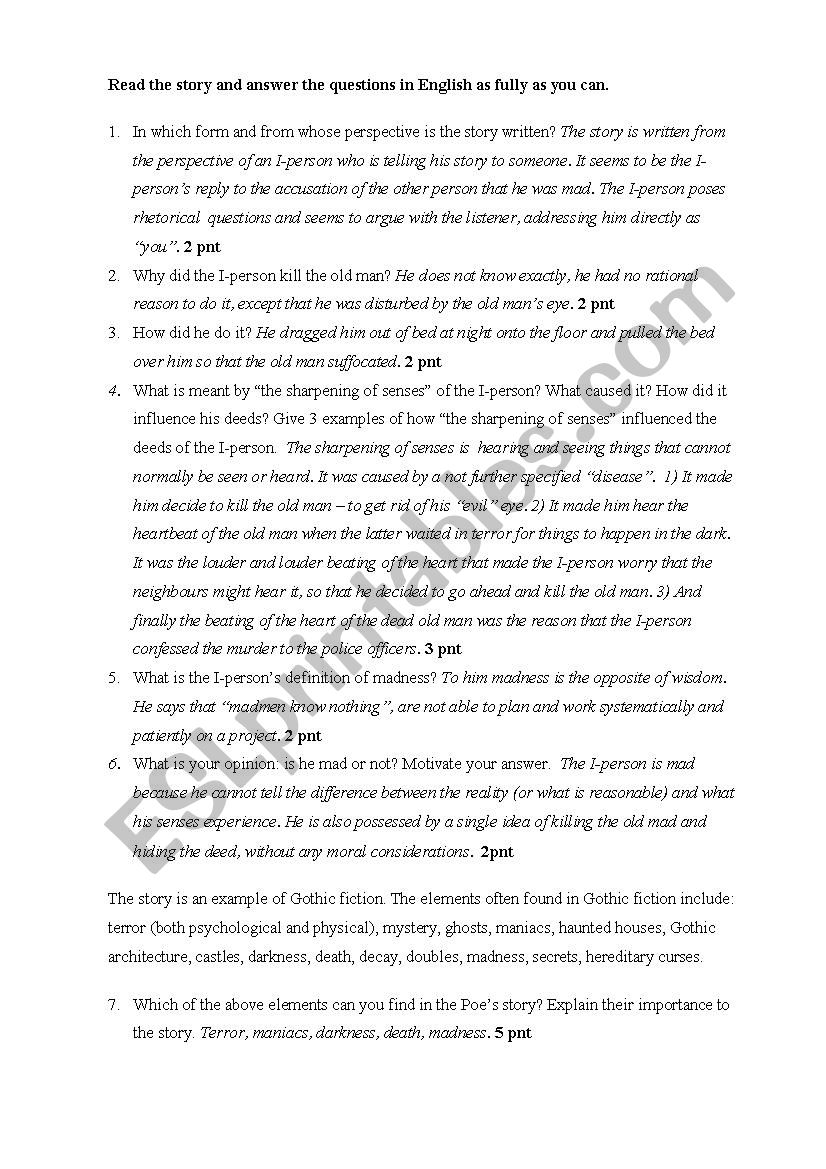 ´Tell-Tale Heart´ - questions and answers - ESL worksheet by BasiaStroo