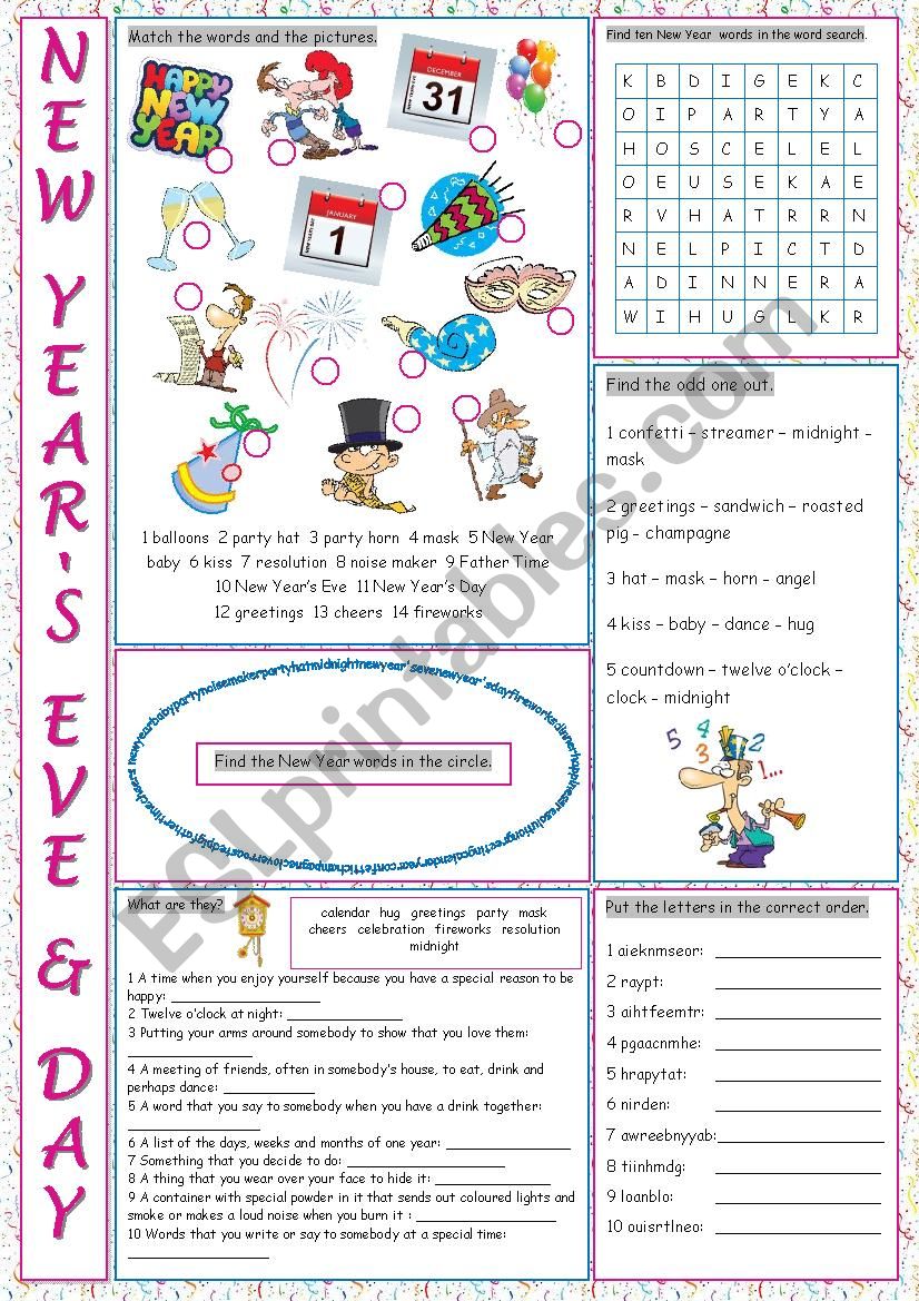 New Year´s Eve & Day Vocabulary Exercises - ESL worksheet by kissnetothedit