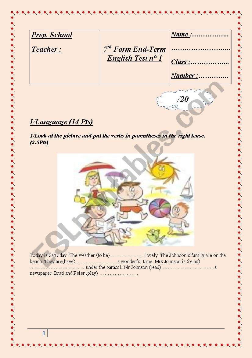 7th form End term test n°1 (part1) - ESL worksheet by sweet dreamer 7th form End term test n°1 (part1) - ESL worksheet by sweet dreamer