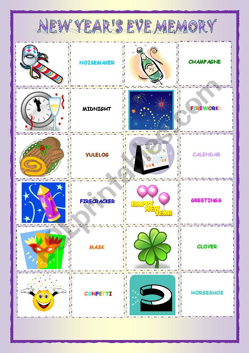 New Year´s Eve Memory Game - ESL worksheet by eve25
