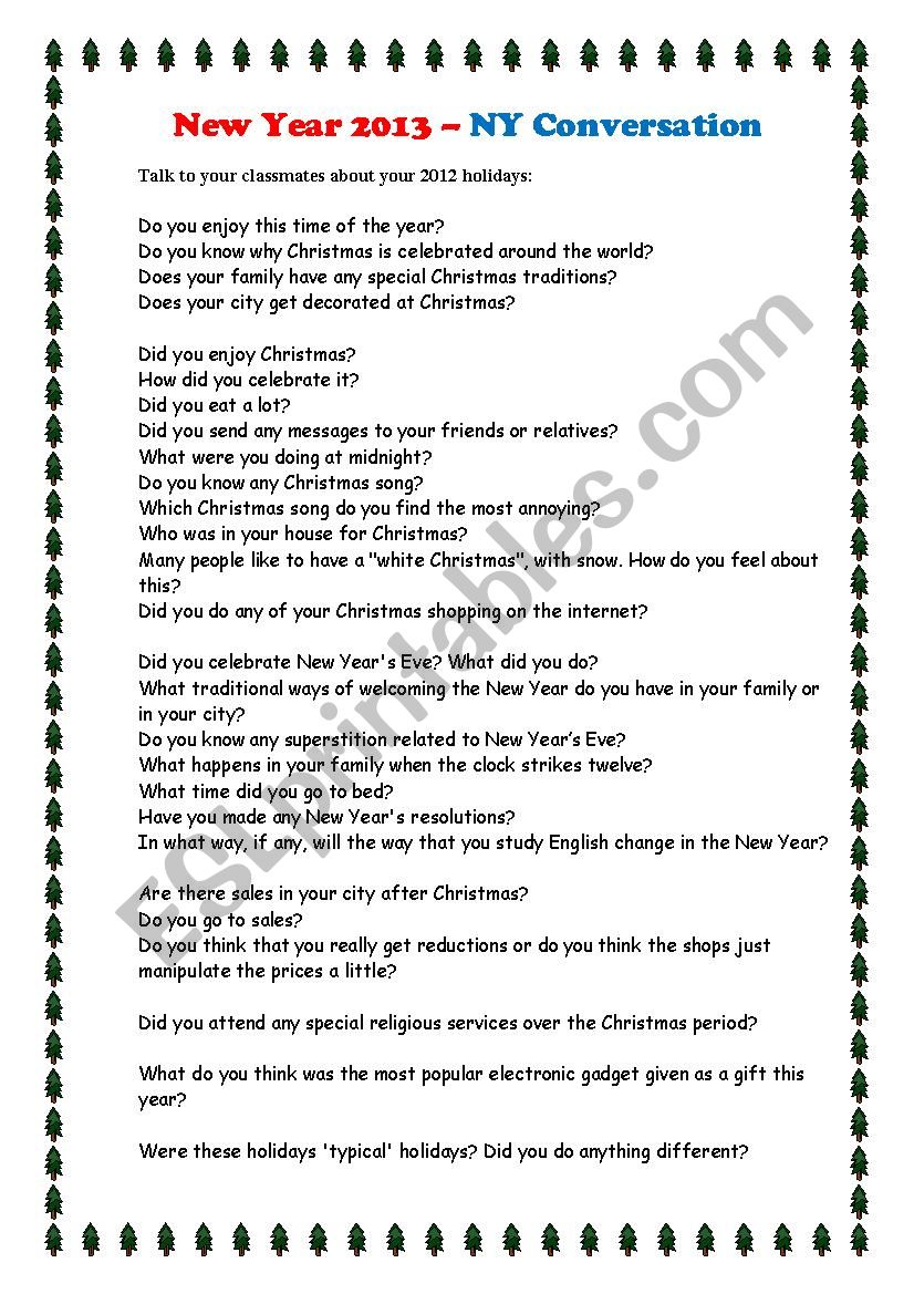New Year´s conversation 2013 - ESL worksheet by newquay