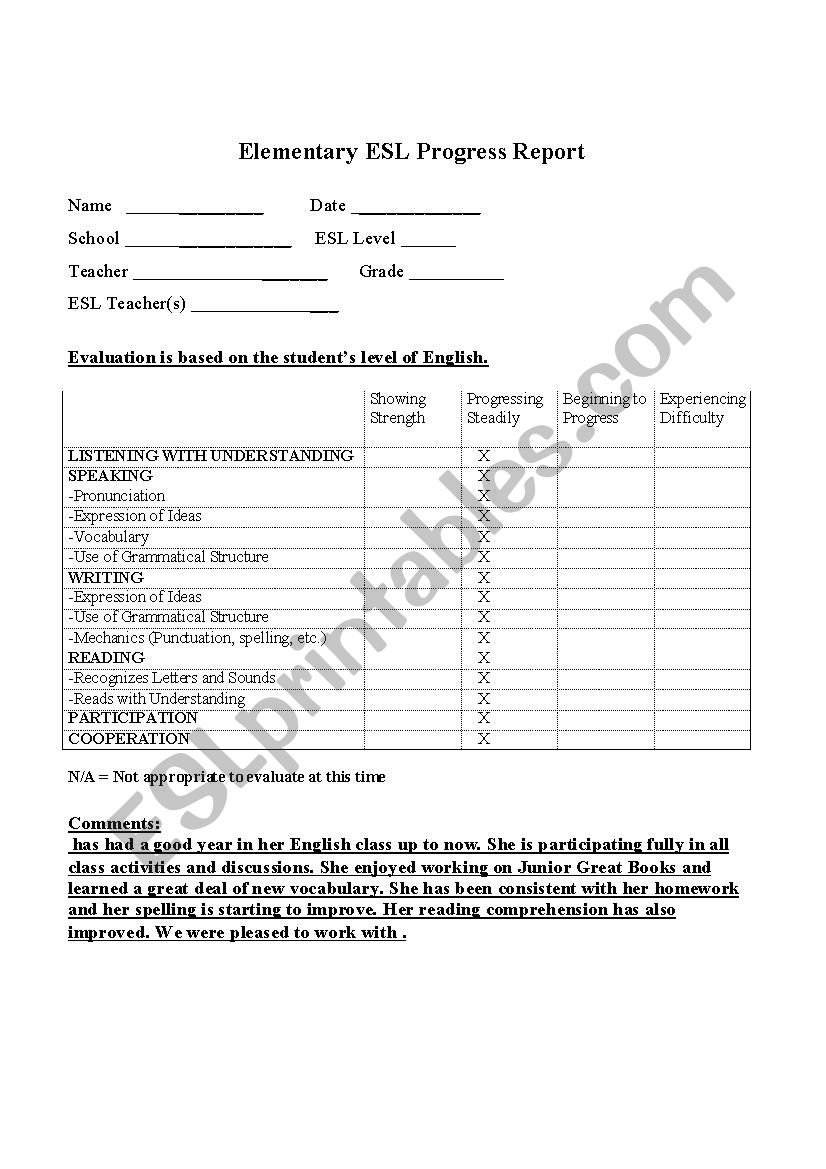 Sample ESL Report Card ESL Worksheet By Ierickson