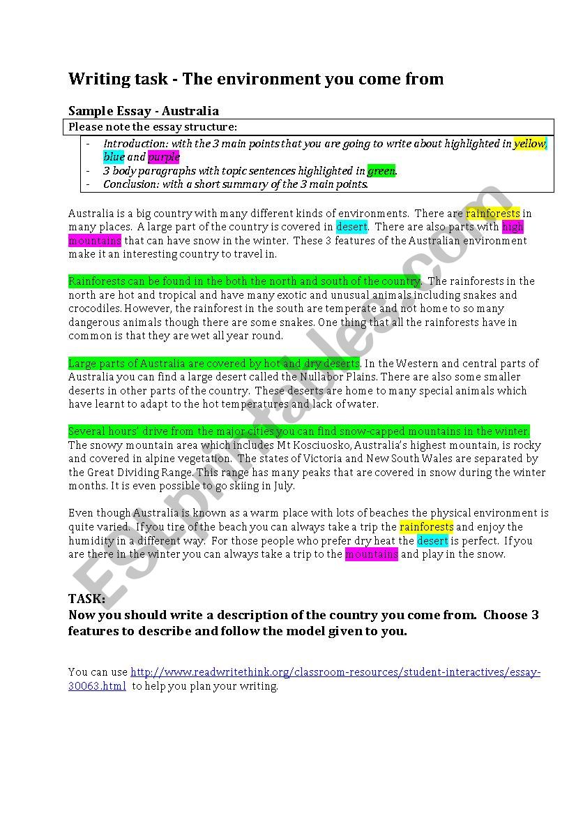 Essay writing - Australia´s environment - ESL worksheet by Julia1983