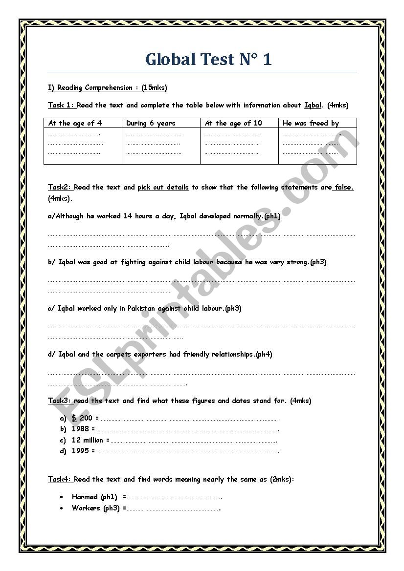Global Test N°1 2nd year secondary education - ESL worksheet by nouralimene