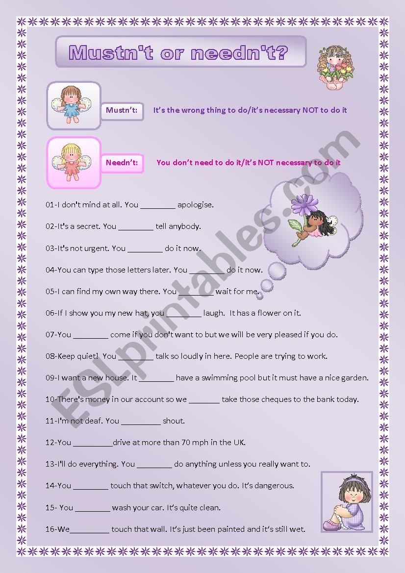 MUSTN´T OR NEEDN´T - ESL worksheet by traute