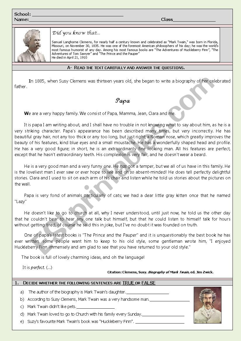 Mark Twain´s family worksheet/test - ESL worksheet by checrsi@gmail.com