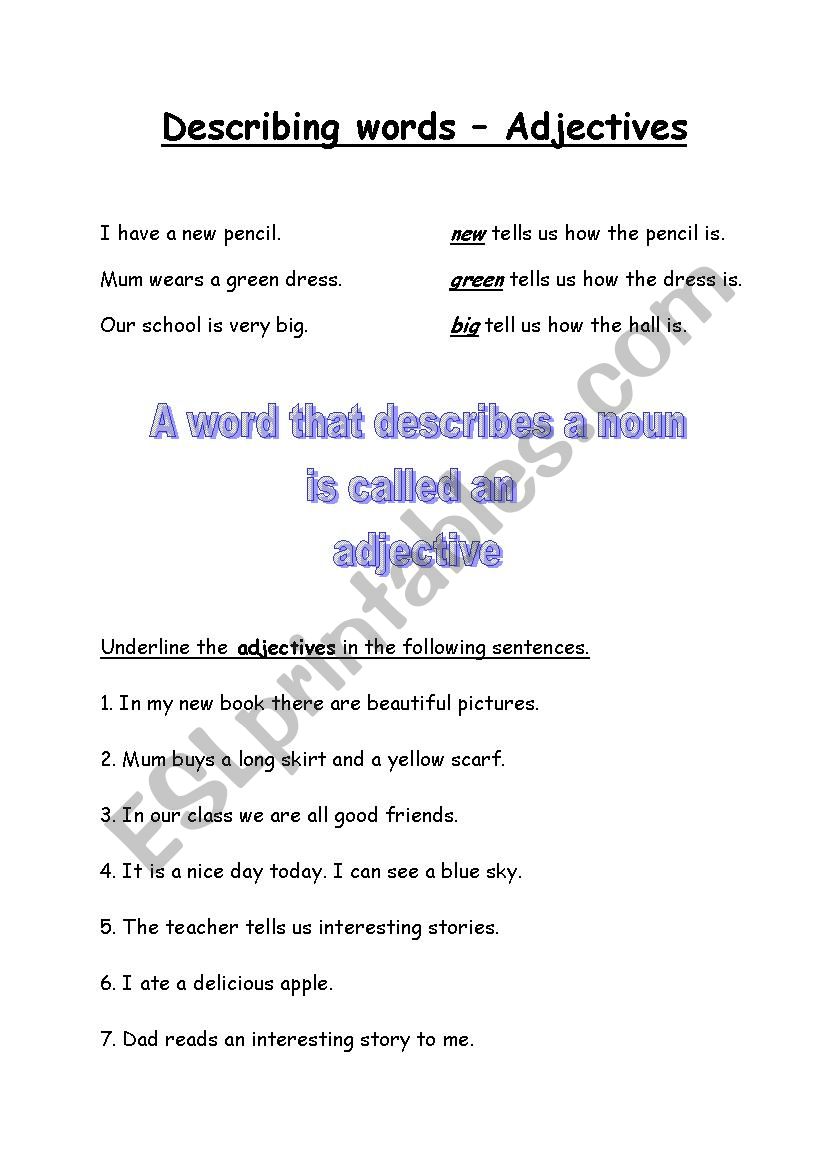 Describing Words ESL Worksheet By Davandra