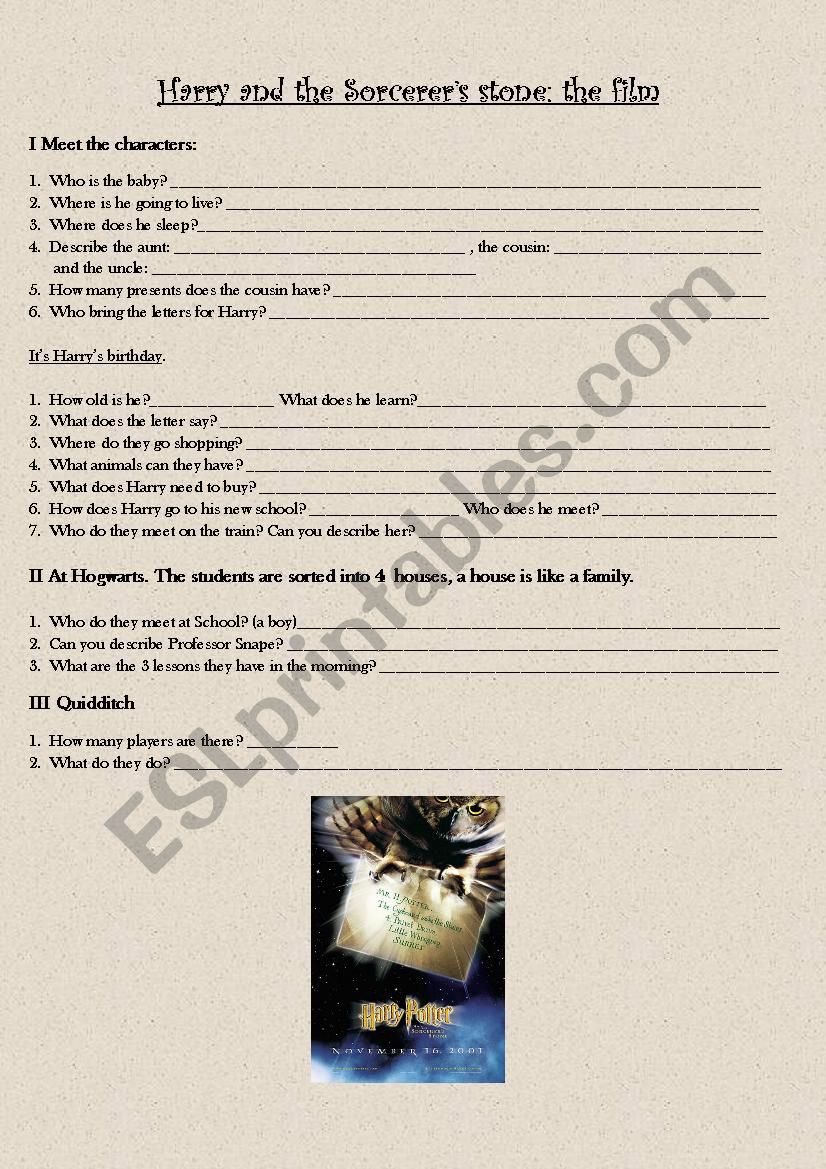 Harry Potter and the Sorcerer´s Stone - ESL worksheet by Sophie A