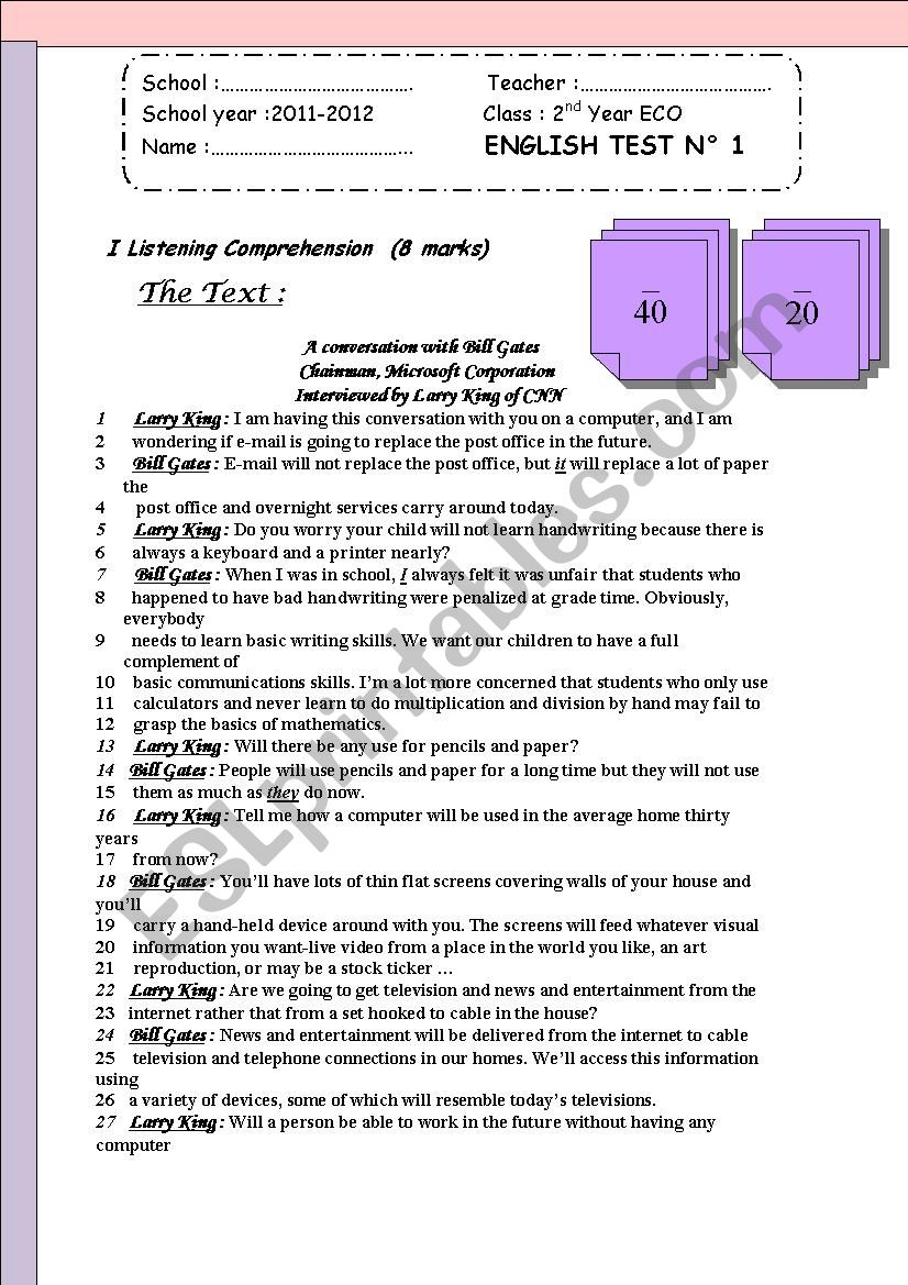 Full Term Test N°1 (A conversation with Bill Gates) - ESL worksheet by ...