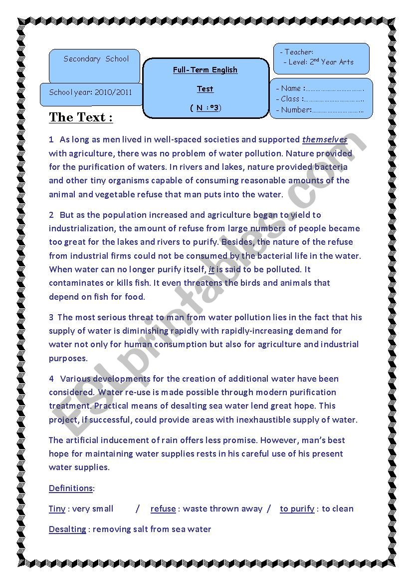 Full Term Test N°3 - ESL worksheet by nesso ness