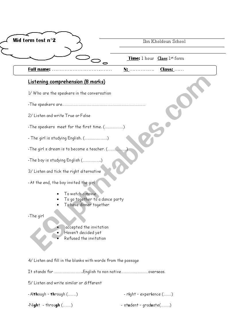 first form mid term test nÂ°2 - ESL worksheet by houdatunis