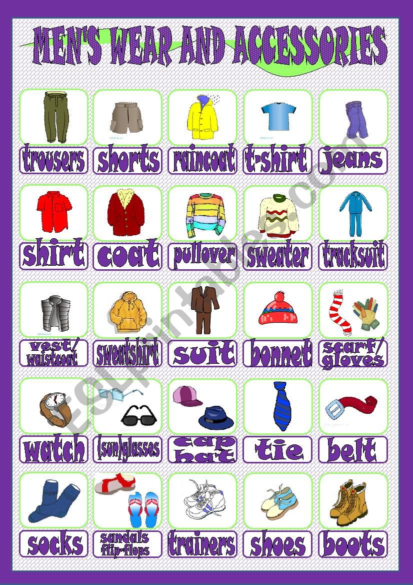 Men´s wear and accessories - ESL worksheet by Marília Gomes