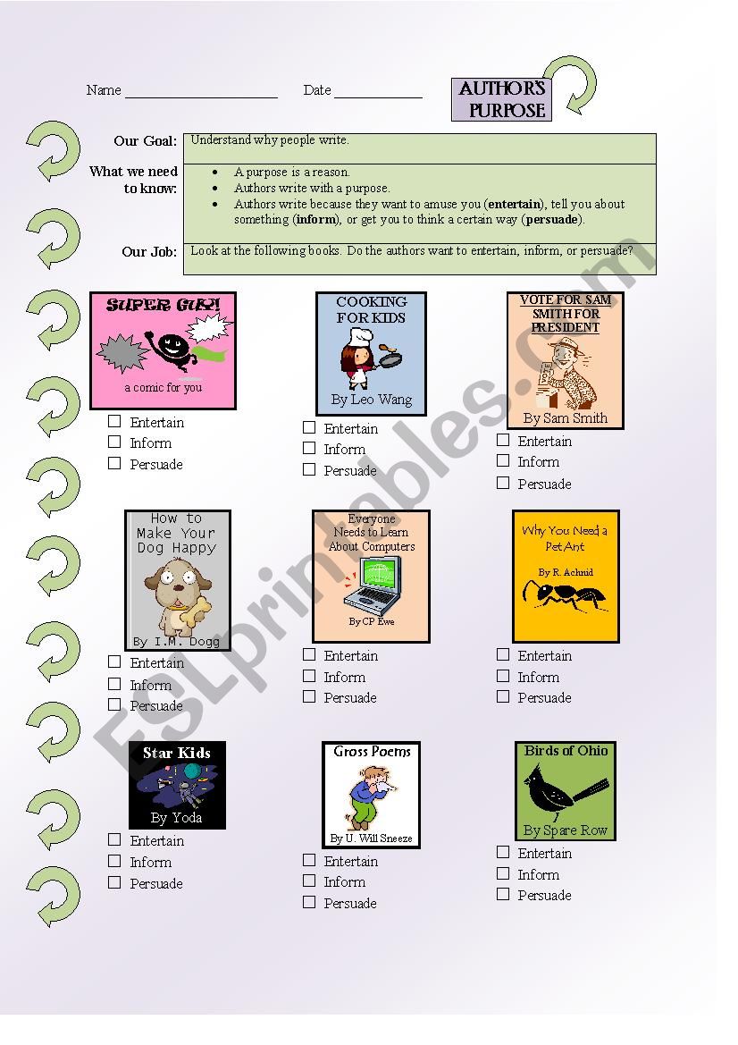 Comprehension: Author´s Purpose - ESL worksheet by mvblair