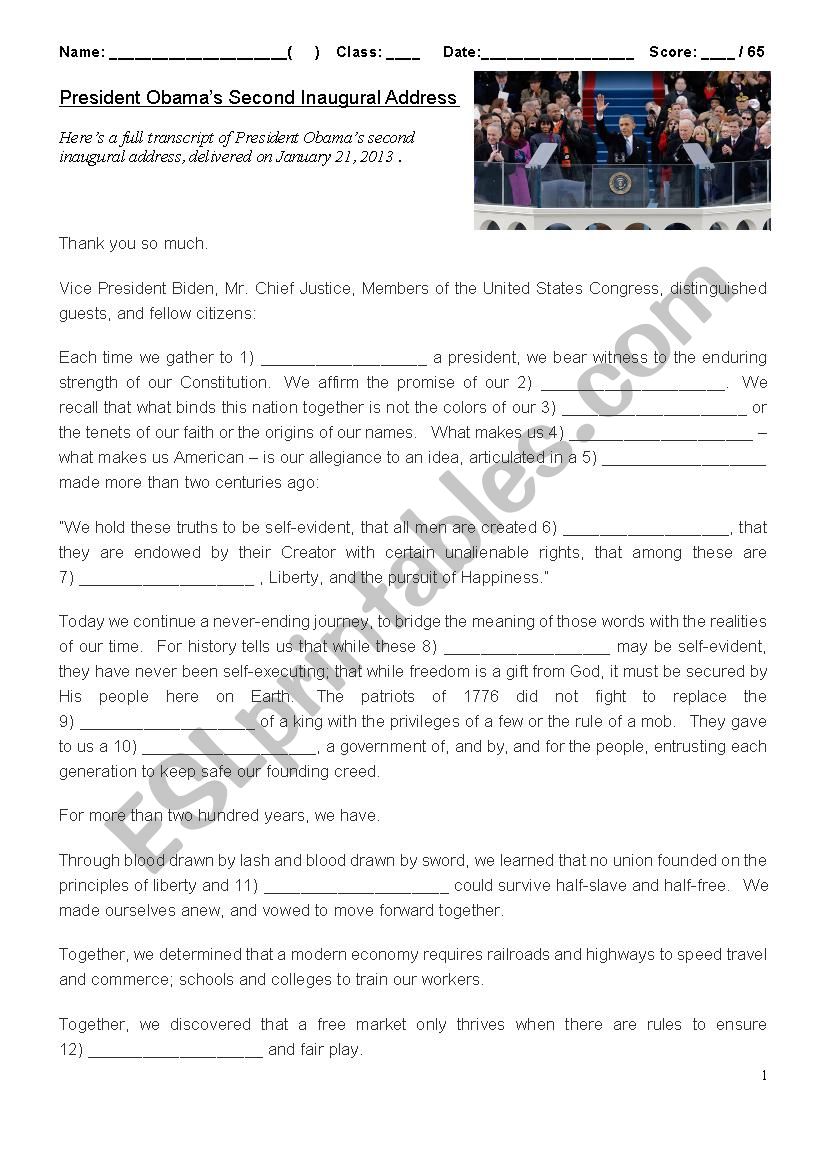 President Obama´s second inaugural address - ESL worksheet by pandapanda