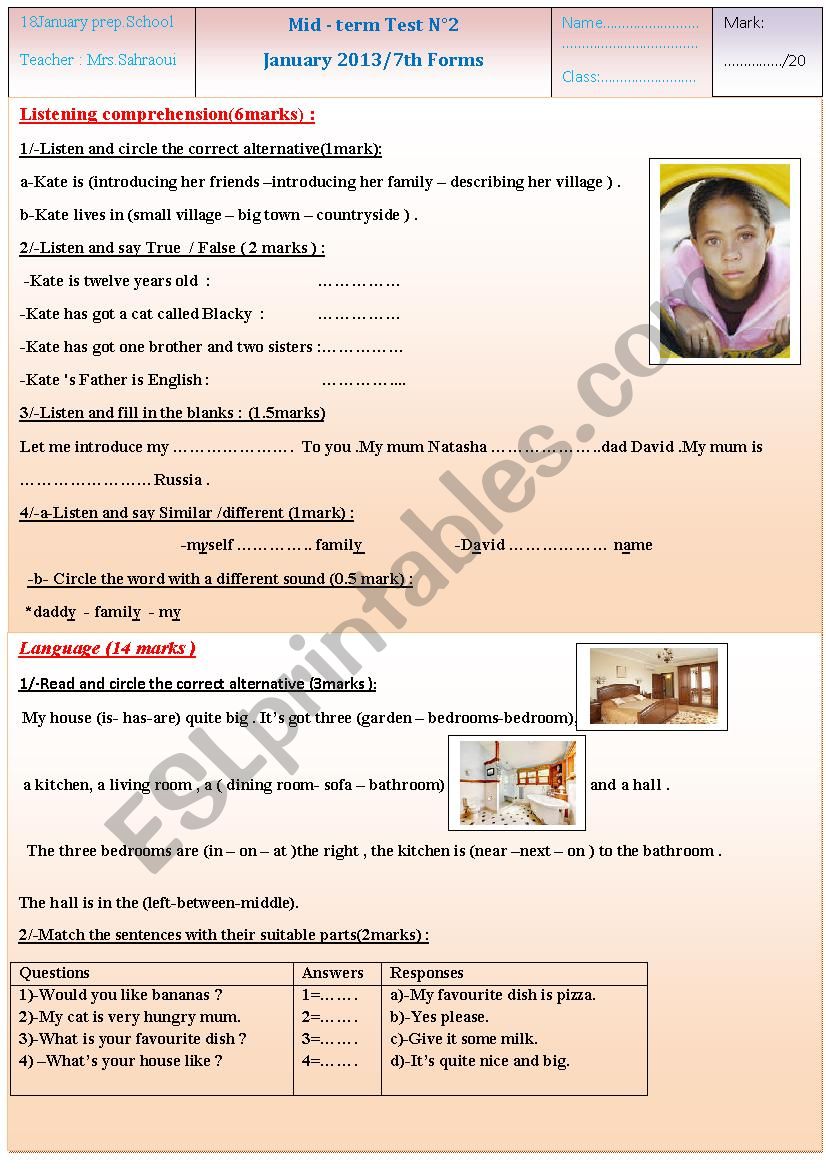 mid-term test n°2 (7th forms) - ESL worksheet by moemendhia