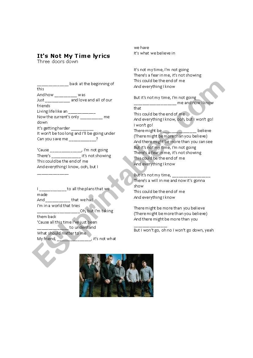 song:It´s not my time - ESL worksheet by warmissys