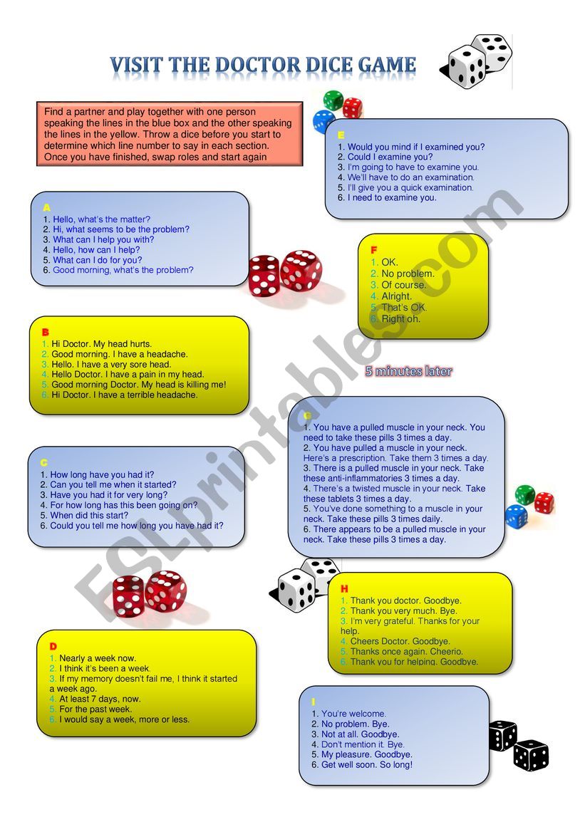 Conversation Dice Game: Doctor´s Version - ESL worksheet by spinney