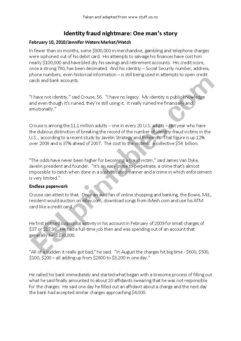 Identity fraud nightmare: One man´s story - ESL worksheet by Terri Lawson