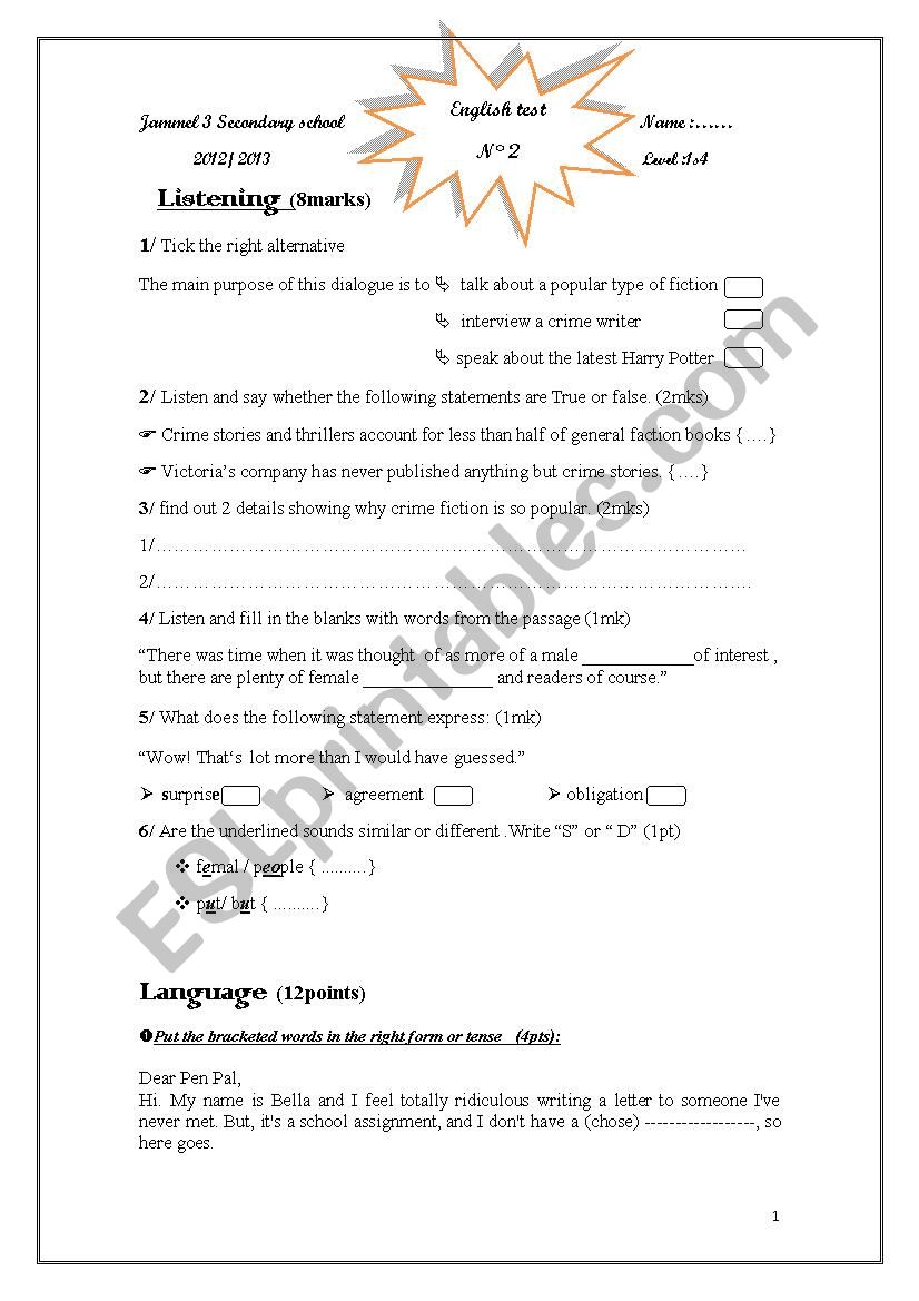 English test N°2 for first form - ESL worksheet by ladyrosa