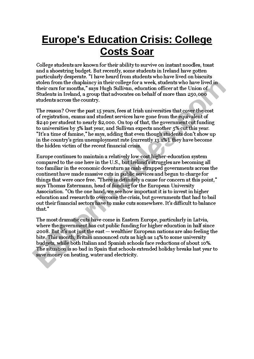 Europe´s Education Crisis Text & Questions - ESL worksheet by marksoc