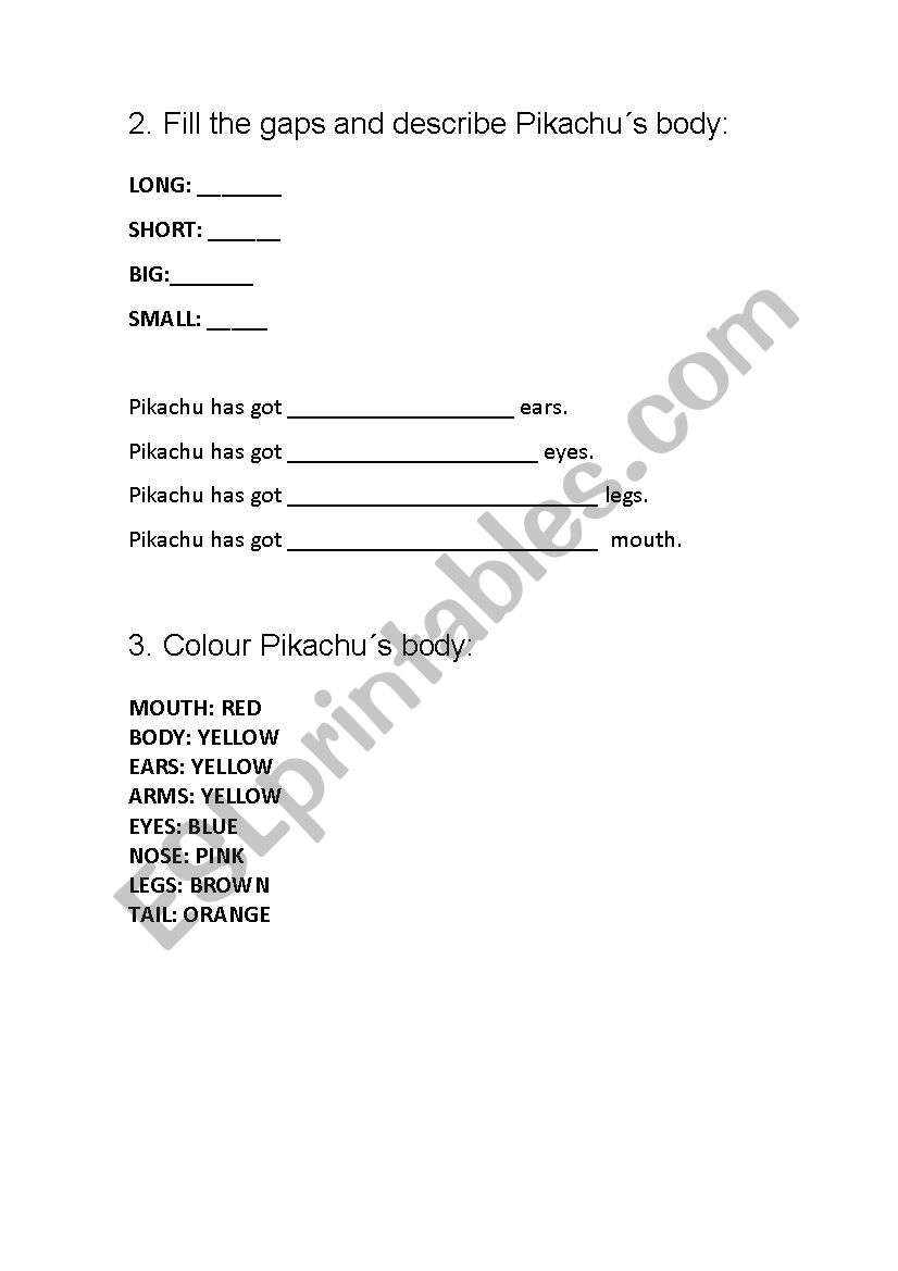Pikachu´s body 2 - ESL worksheet by emlor