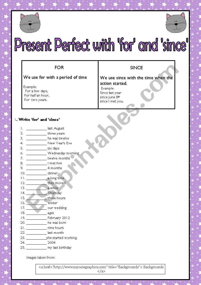 PRESENT PERFECT WITH ´FOR´ AND ´SINCE´ - ESL worksheet by Jessisun
