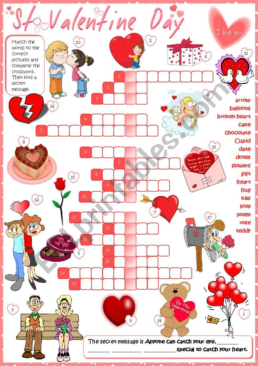 St ValentineÂ´s Day - crossword - ESL worksheet by mada_1