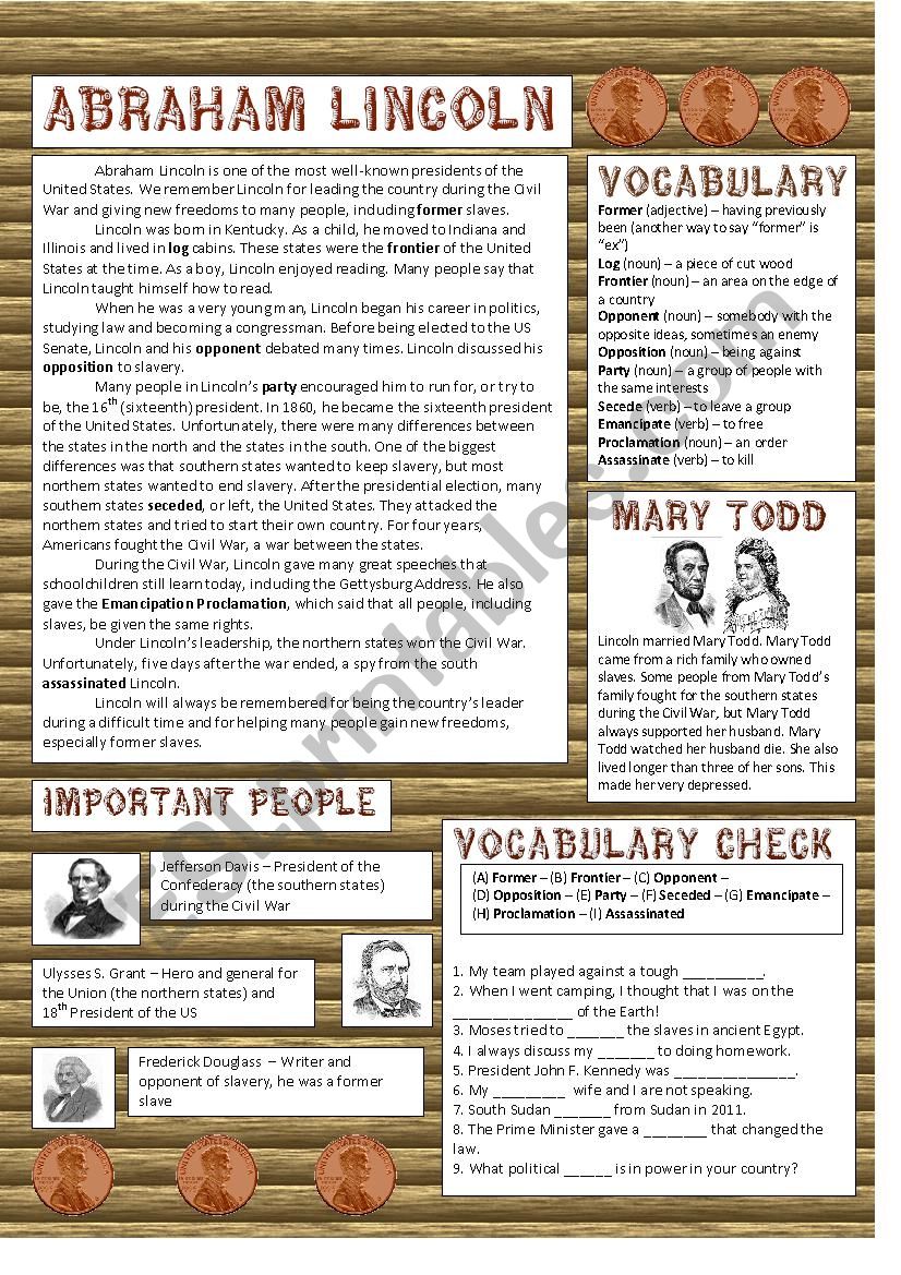 President´s Day: Abraham Lincoln Reading - ESL worksheet by mvblair