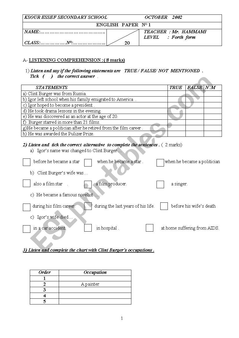 Forth form ENGLISH PAPER N° 1 - ESL worksheet by habib hammami