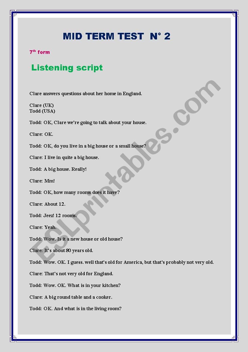 MID TERM TEST N°2 (7 th form) / THE LISTENING SCRIPT - ESL worksheet by ...