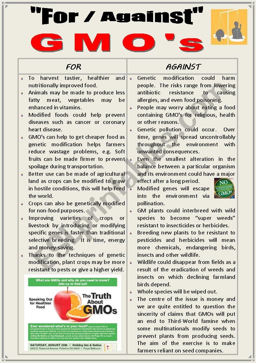 FOR or AGAINST GMO´s (Debating) - ESL worksheet by karagozian