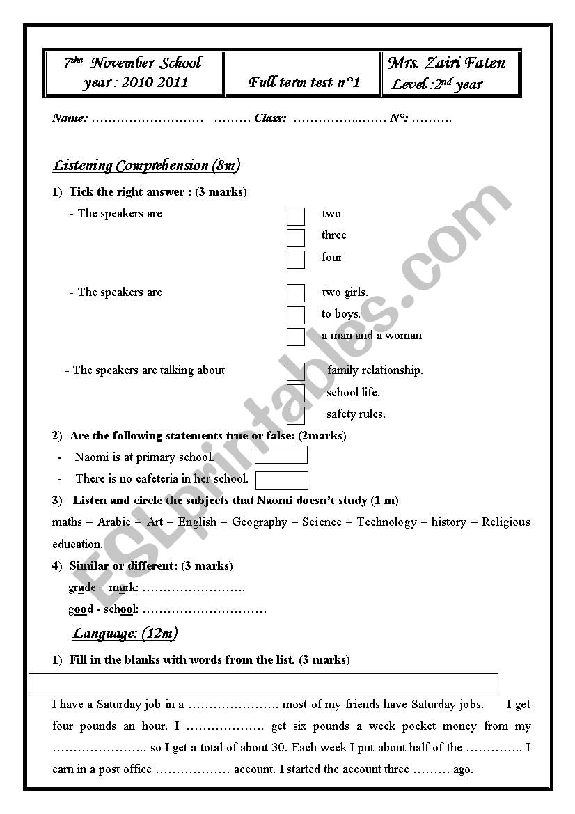full-term test n°2 - ESL worksheet by kais02