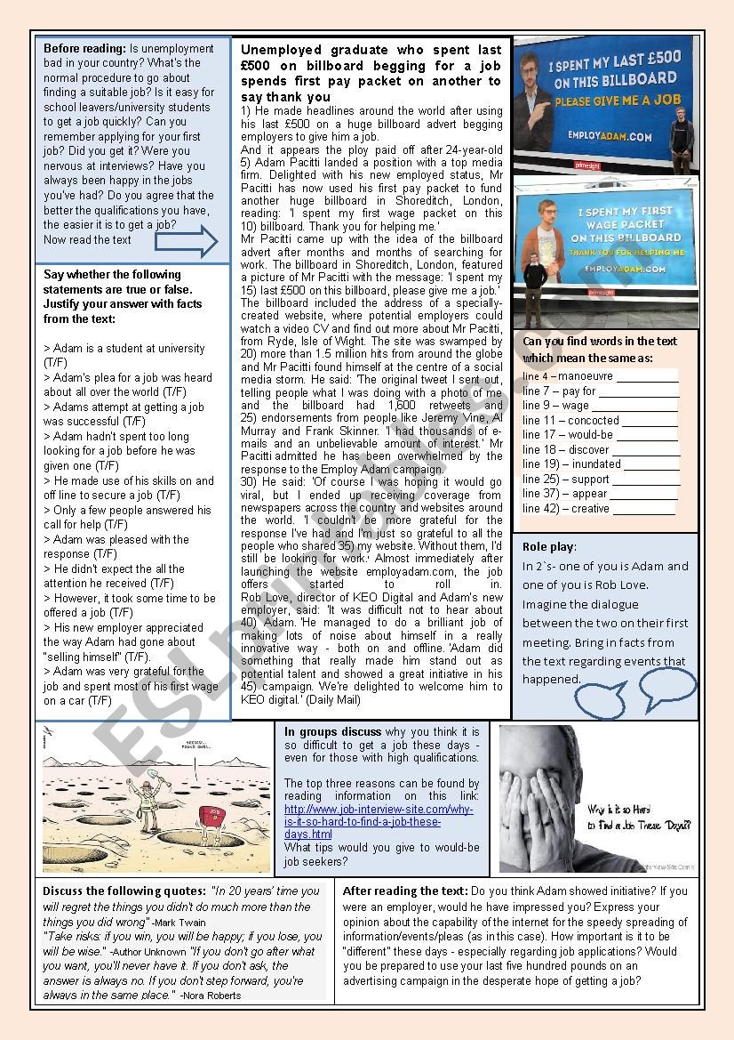 Graduate´s desperate plea for a job! - ESL worksheet by Amanda W