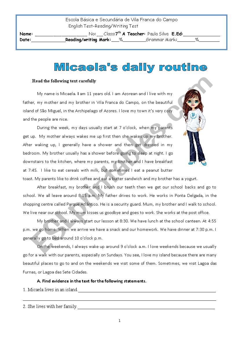 Micaela´s daily routine - ESL worksheet by maggie2009