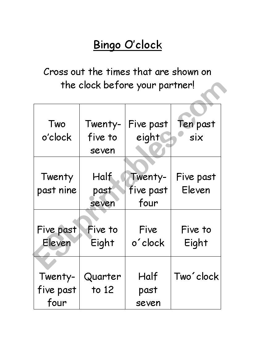 Bingo O´clock - ESL worksheet by francesholborn