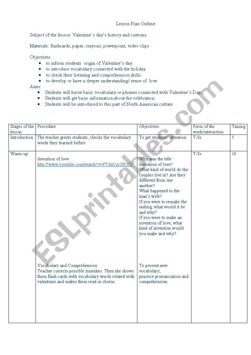 Lesson Plan Outline for Valentine´s Day - ESL worksheet by ...