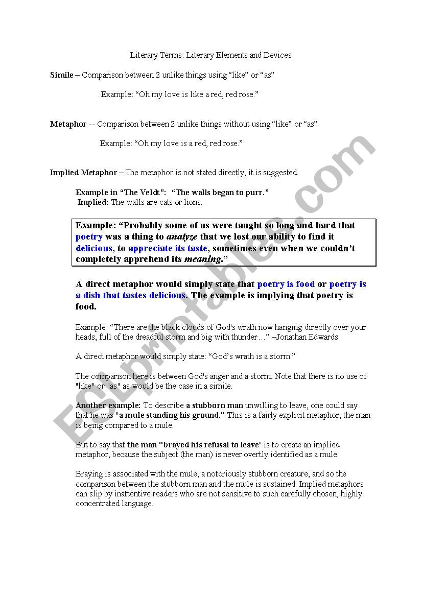 literary terms for arts´ students - ESL worksheet by Kemira