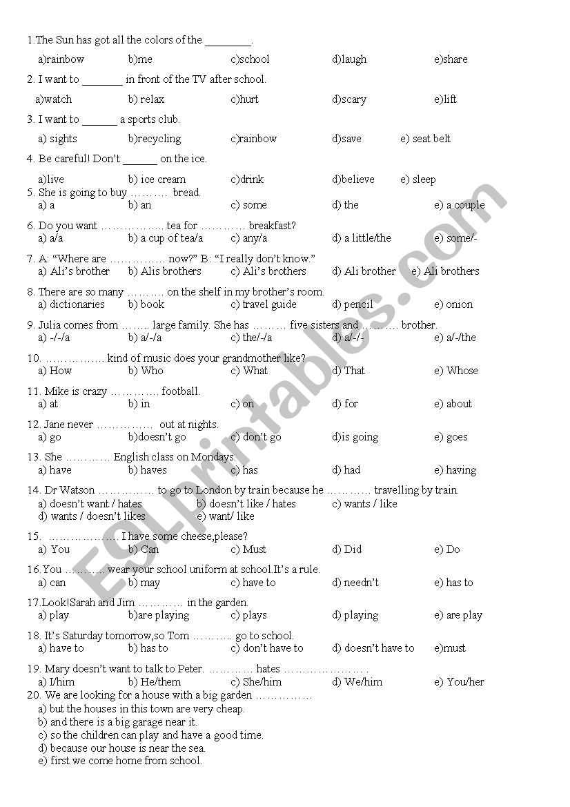 GRAMMAR AND VOCABULARY MULTIPLE CHOICE TEST ESL Worksheet By