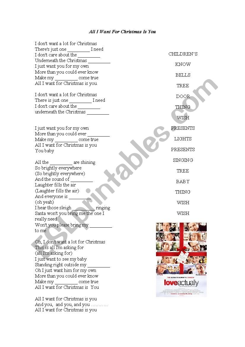 Christmas song: All I want for Christmas is you - ESL worksheet by ...