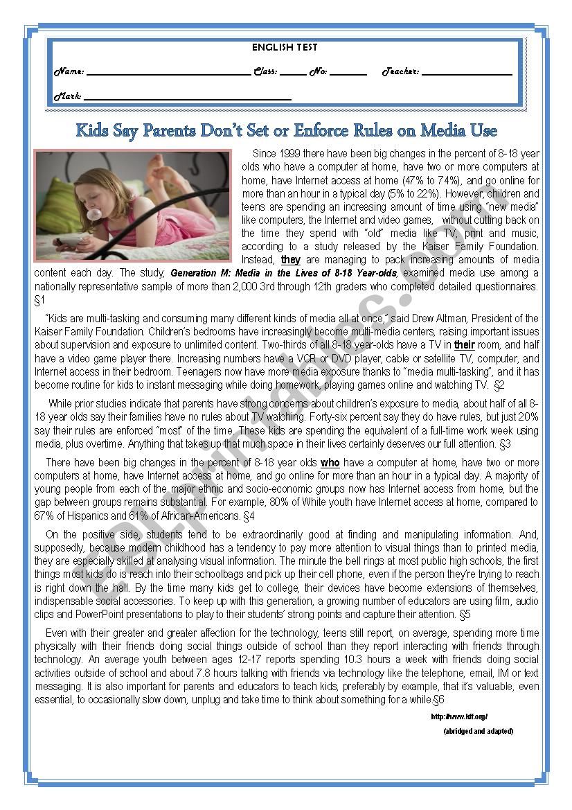 TEST- KIDS SAY PARENTS DON´T SET OR ENFORCE RULES ON MEDIA USE- VERSION ...