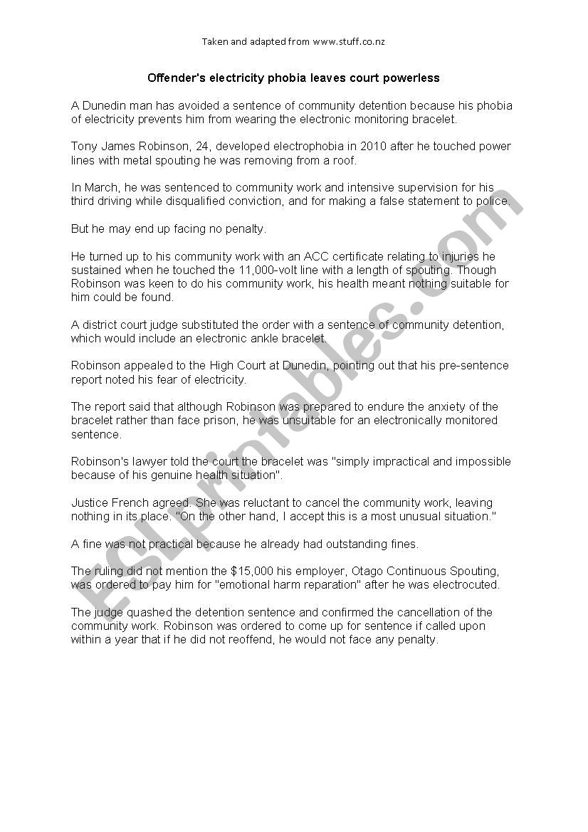 Offender´s electricity phobia leaves court powerless - ESL worksheet by ...