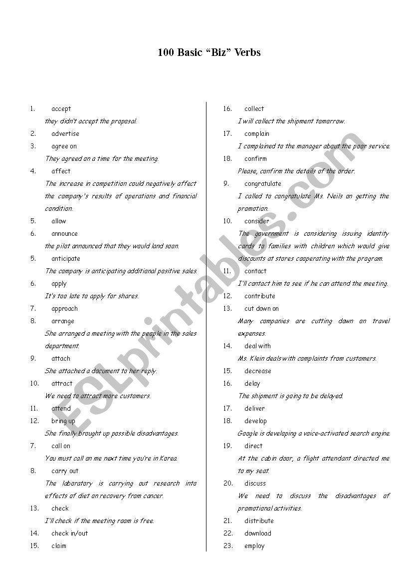 100 Basic ´Biz´ Verb (with example sentences) - ESL worksheet by ...