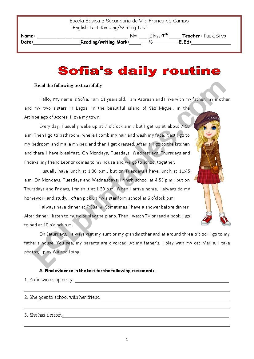 Sofia´s Daily Routine - ESL worksheet by maggie2009