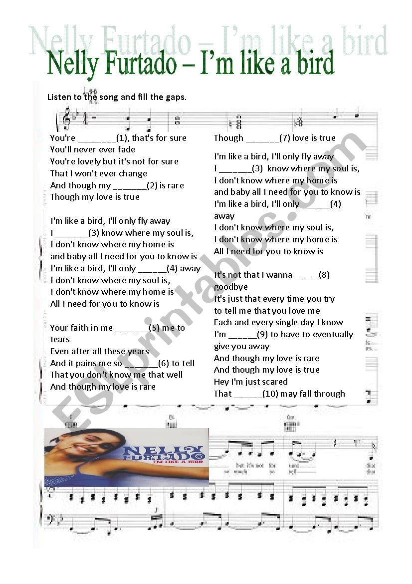 Listening Activity - Song-I´m like a bird - ESL worksheet by e-test